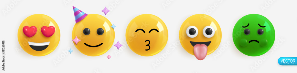 Realistic Emotion. 3d Render. Set Icon Smile Emoji. Vector yellow ...