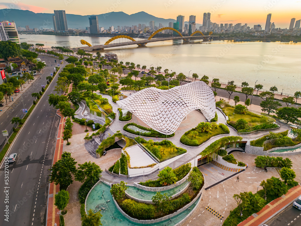 Aerial view of Da Nang Apec sculpture park at sunrise which is a new ...