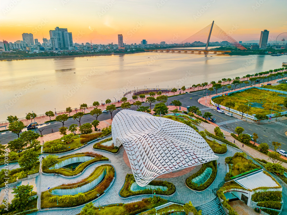 Aerial view of Da Nang Apec sculpture park at sunrise which is a new ...
