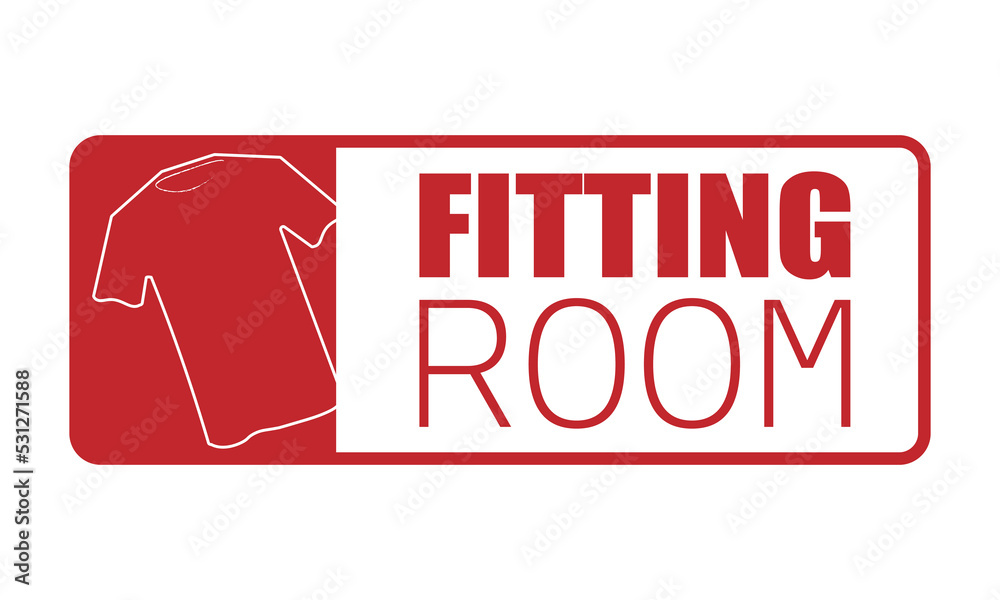 Isolated Red Fitting Room Sign Label With T Shirt Outline Dressing