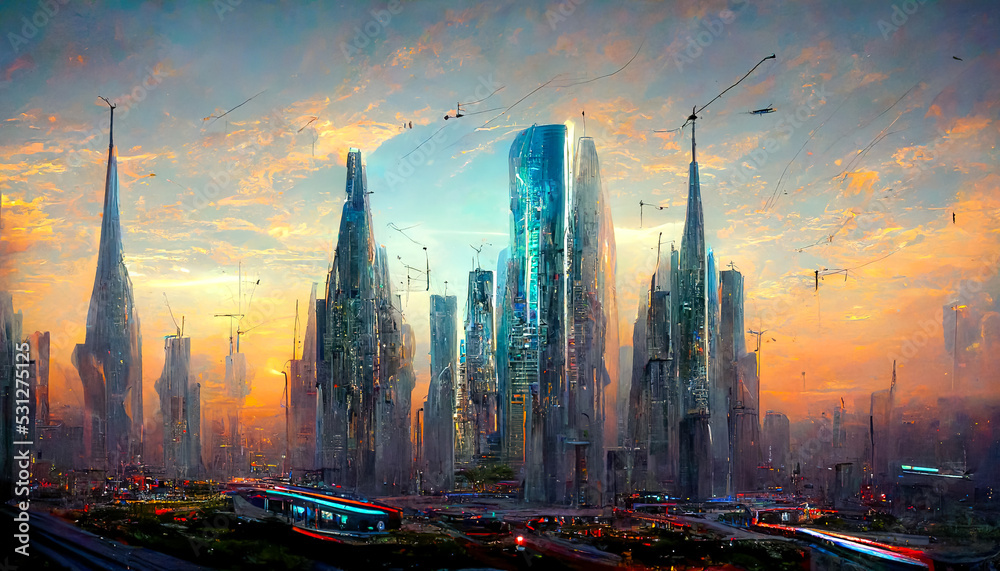 High-rise buildings, flying vehicles, and lush vegetation all coexist ...