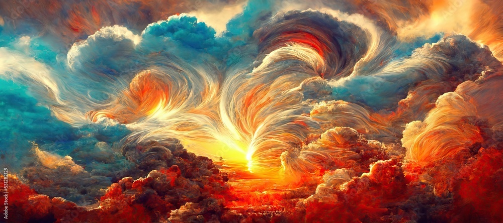 Surreal cloudscape of intense bright sunlight glow, dramatic fiery red ...