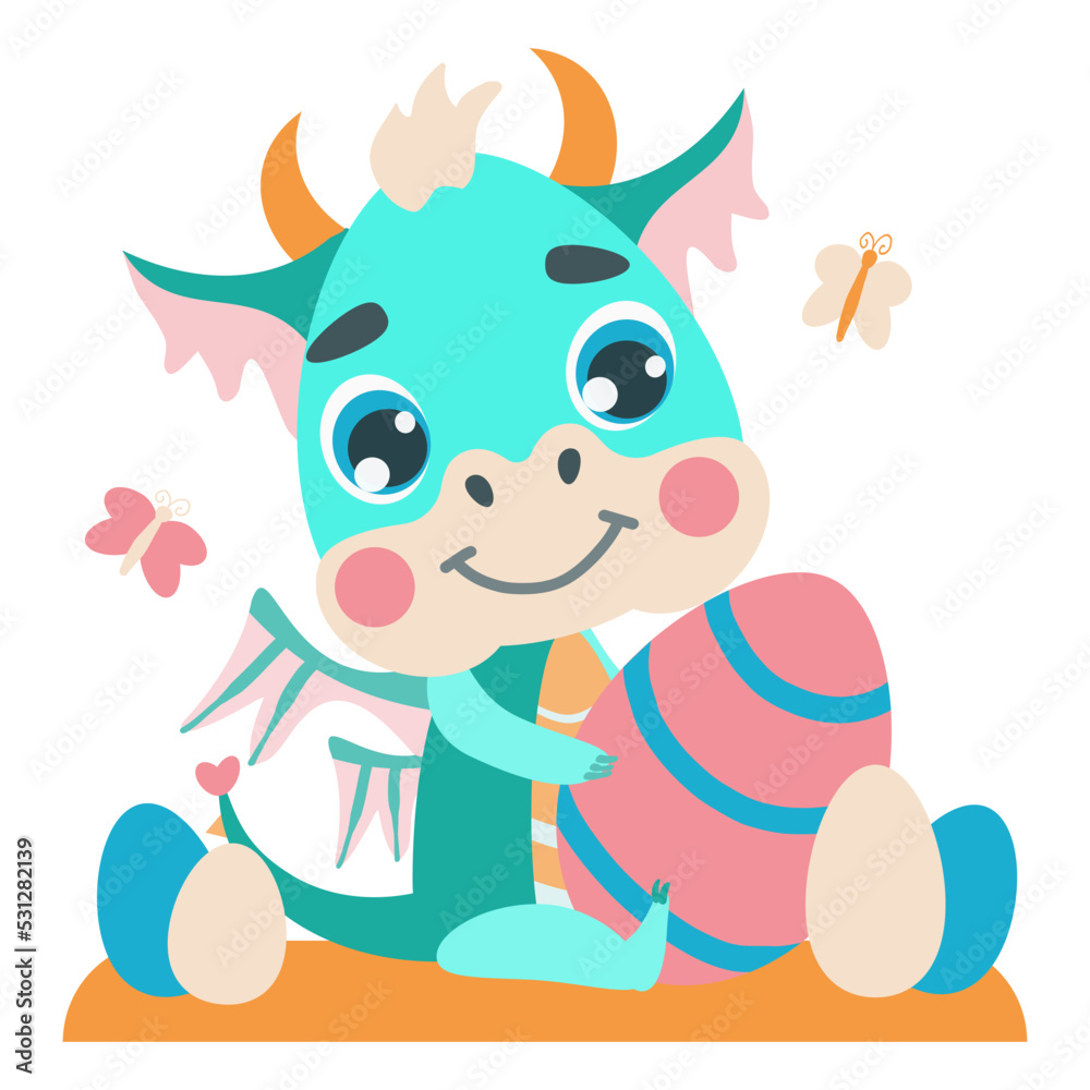 Cute green dragon is looking for Easter eggs. Vector illustrations in a ...