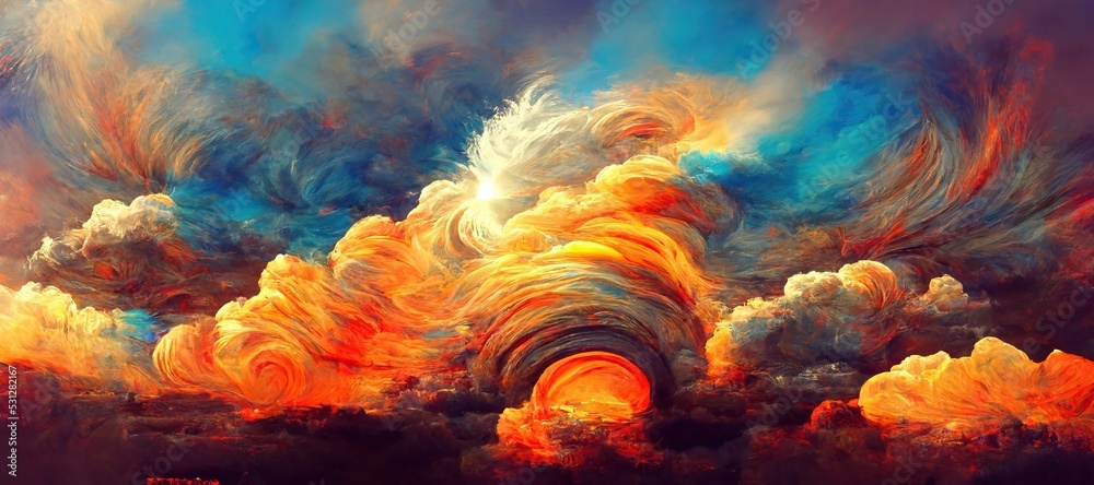 Surreal cloudscape of intense bright sunlight glow, dramatic fiery red ...