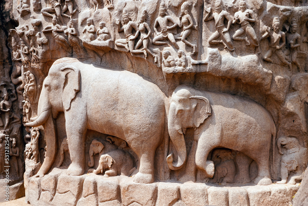 Bas relief rock cut sculptures of Elephant are carved in the monolithic ...
