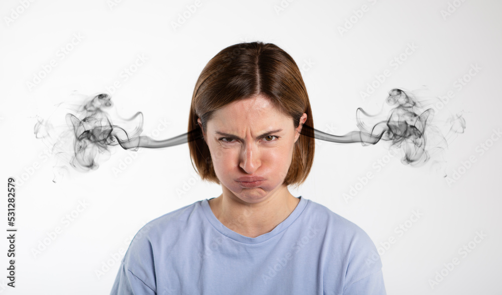 Angry frustrated man with exploding head and black steam coming out of ...