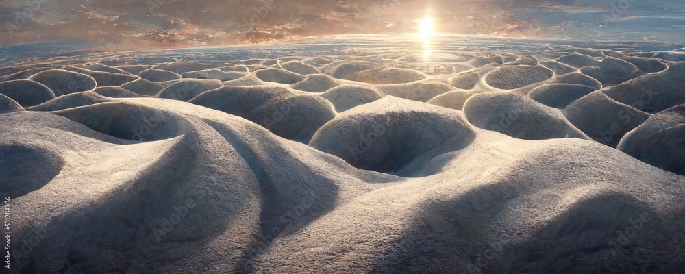 High resolution panorama of a Sci-Fi Snow planet backdrop. 3d render. 3 ...