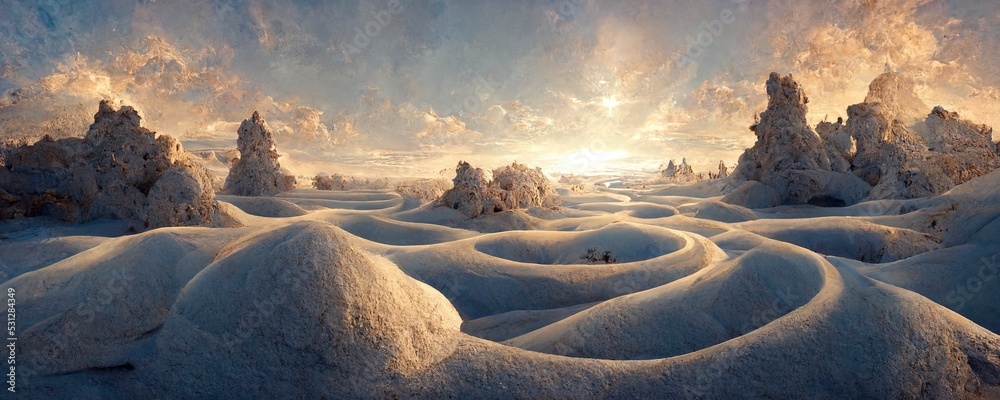High resolution panorama of a Sci-Fi Snow planet backdrop. 3d render. 3 ...