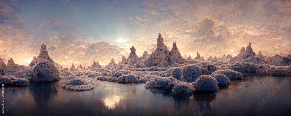 High resolution panorama of a Sci-Fi Snow planet backdrop. 3d render. 3 ...