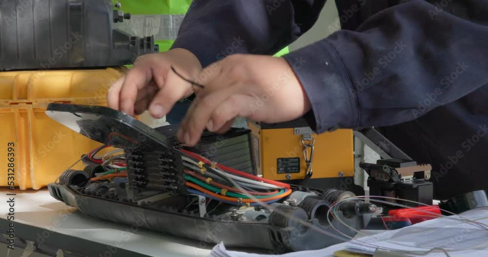 Vídeo do Stock: Fusion of Fiber Optics Cable Internet signal splicing ...