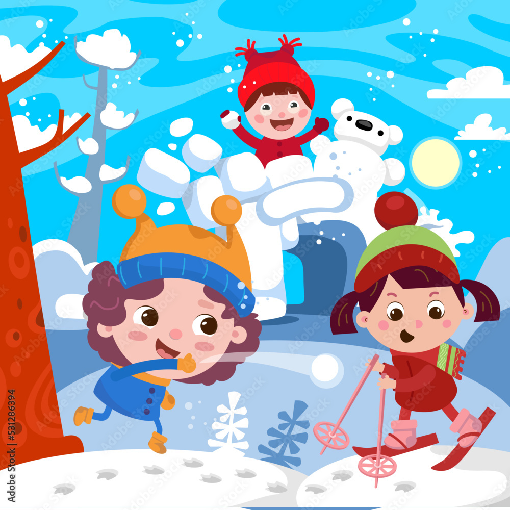 Vetor de Cute kids playing snowballs in a snow fortress. Playground in ...