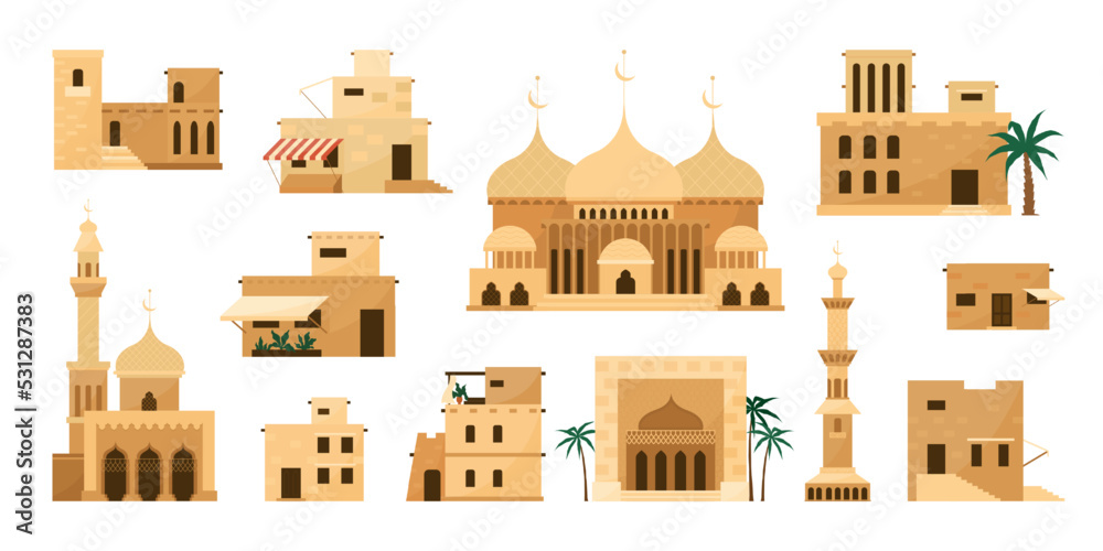 Vetor de Old house village. Desert heritage buildings. Ancient Arabia ...