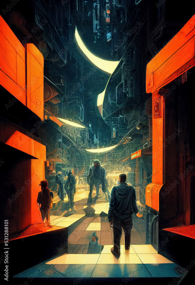 Escher inspired futuristic city illustration Stock Illustration | Adobe ...