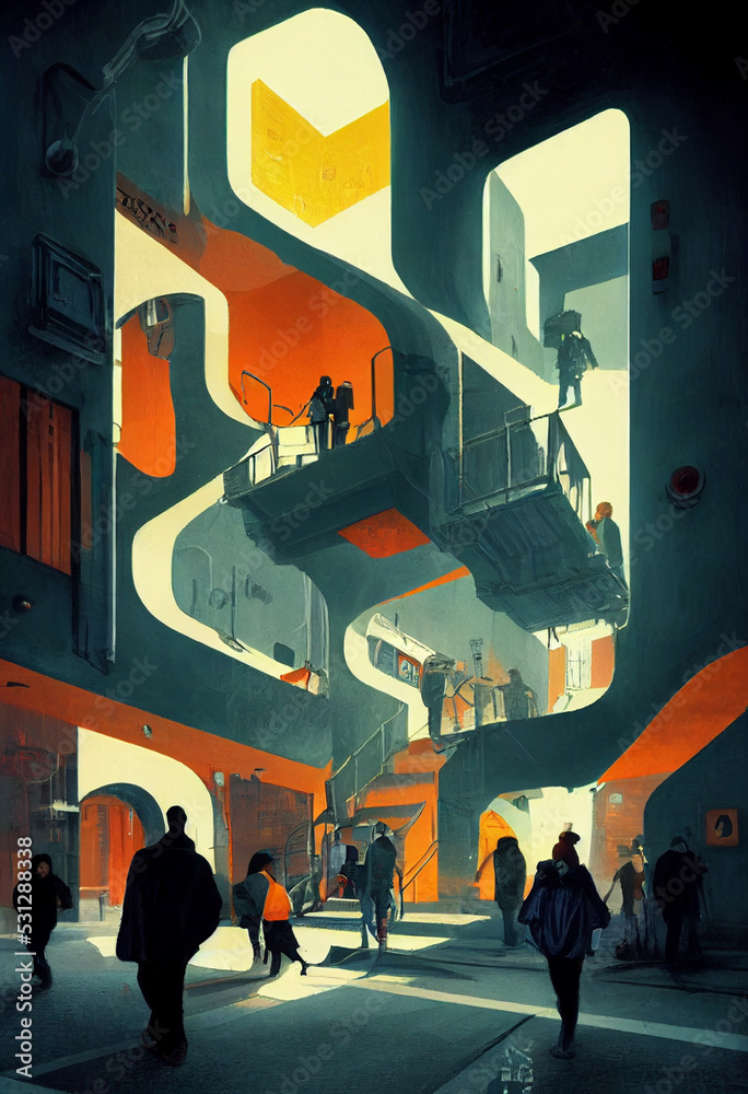 Escher inspired futuristic city illustration Stock Illustration | Adobe ...