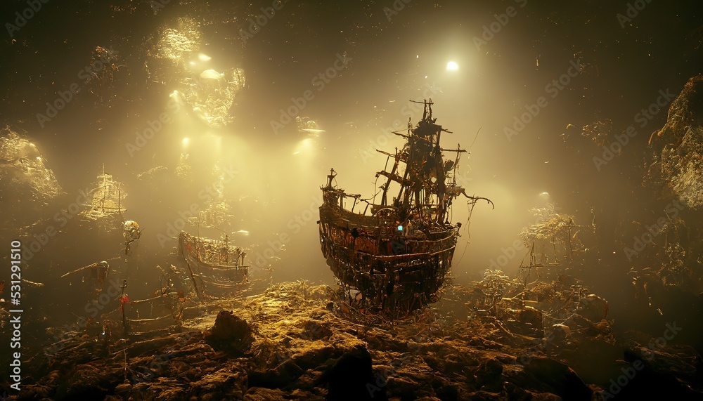 An illustration of a sunken pirate ship, treasure, ruined vessel ...