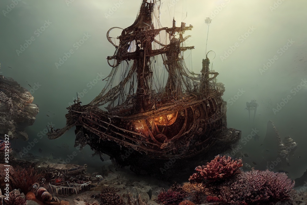 An illustration of a sunken pirate ship, treasure, ruined vessel. Stock ...