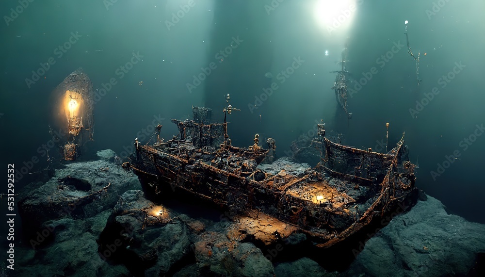 An illustration of a sunken pirate ship, treasure, ruined vessel. Stock ...