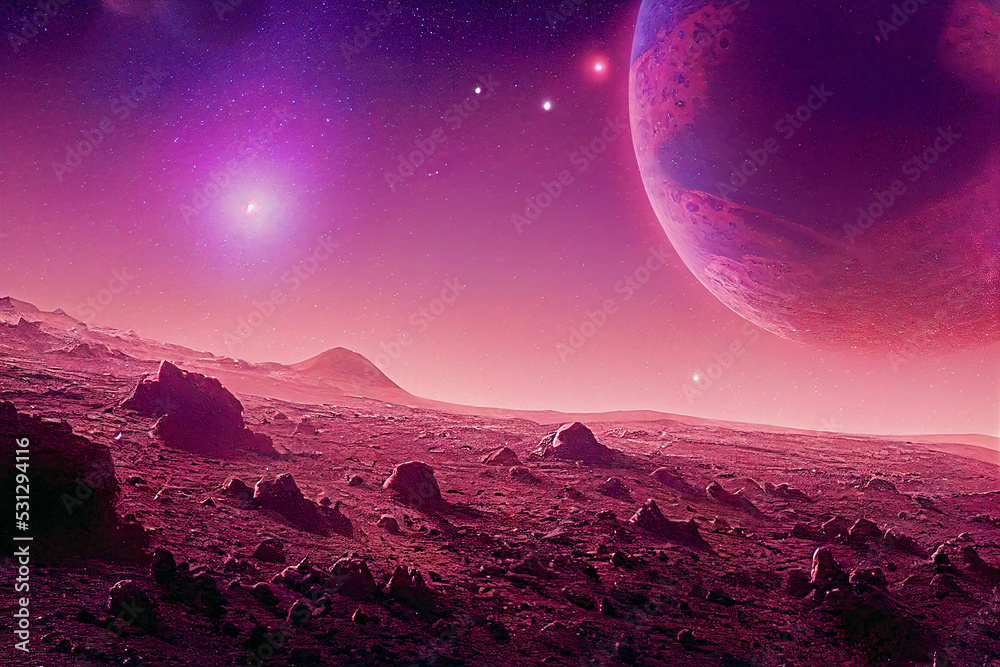 Mars purple space landscape with large planets on purple starry sky ...