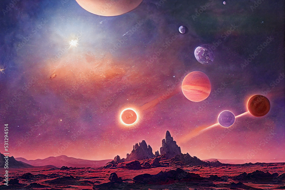 Mars purple space landscape with large planets on purple starry sky ...