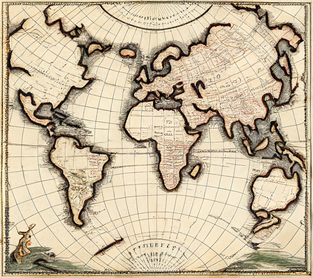 Antique map of the world, with old style decoration and ancient ratings ...