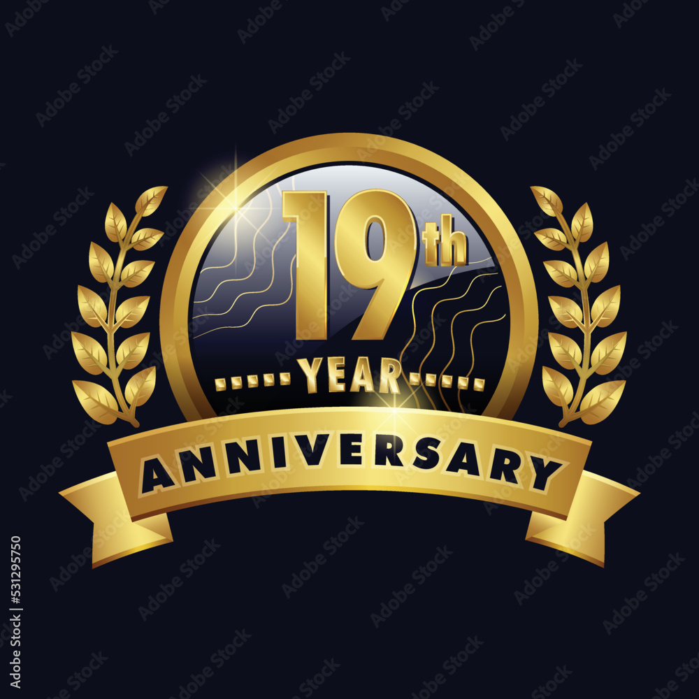 19th anniversary golden logo nineteenth Years Badge with number ...