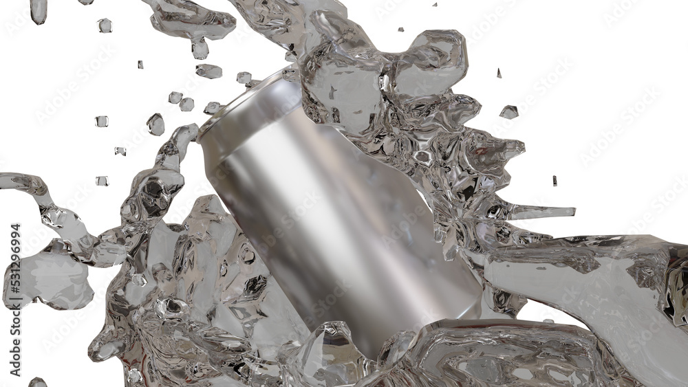 3D rendering metallic can drop to fresh water liquid splash.Visual ...