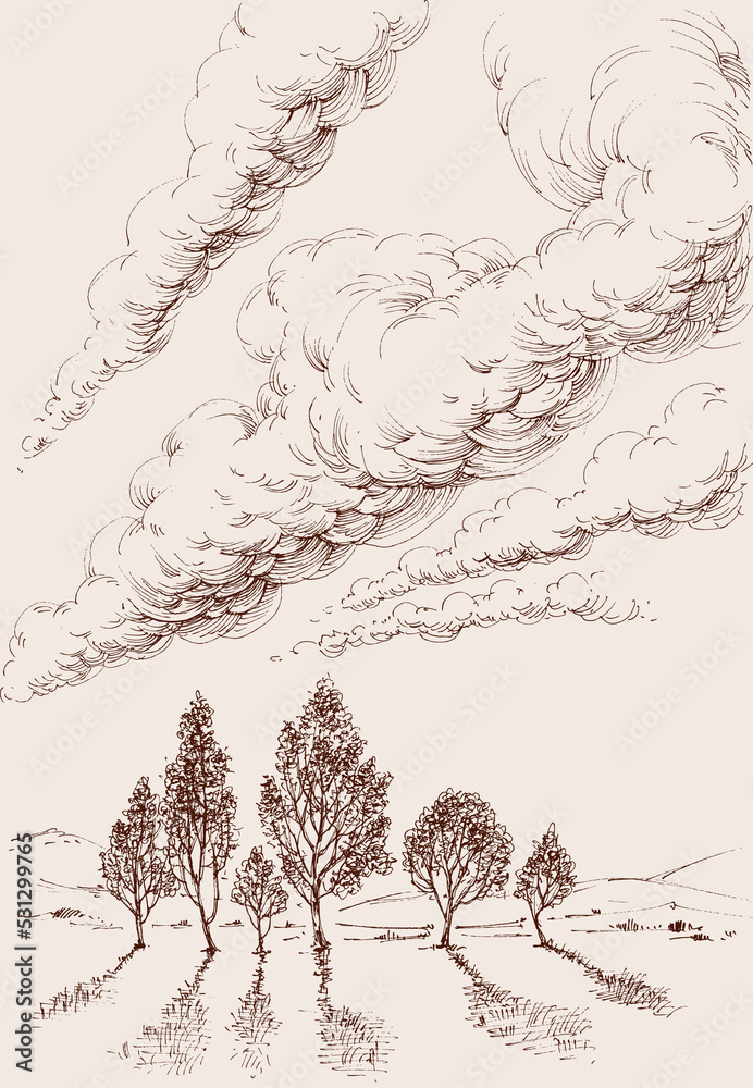 Trees landscape under the cloudy high sky hand drawing Stock Vector ...