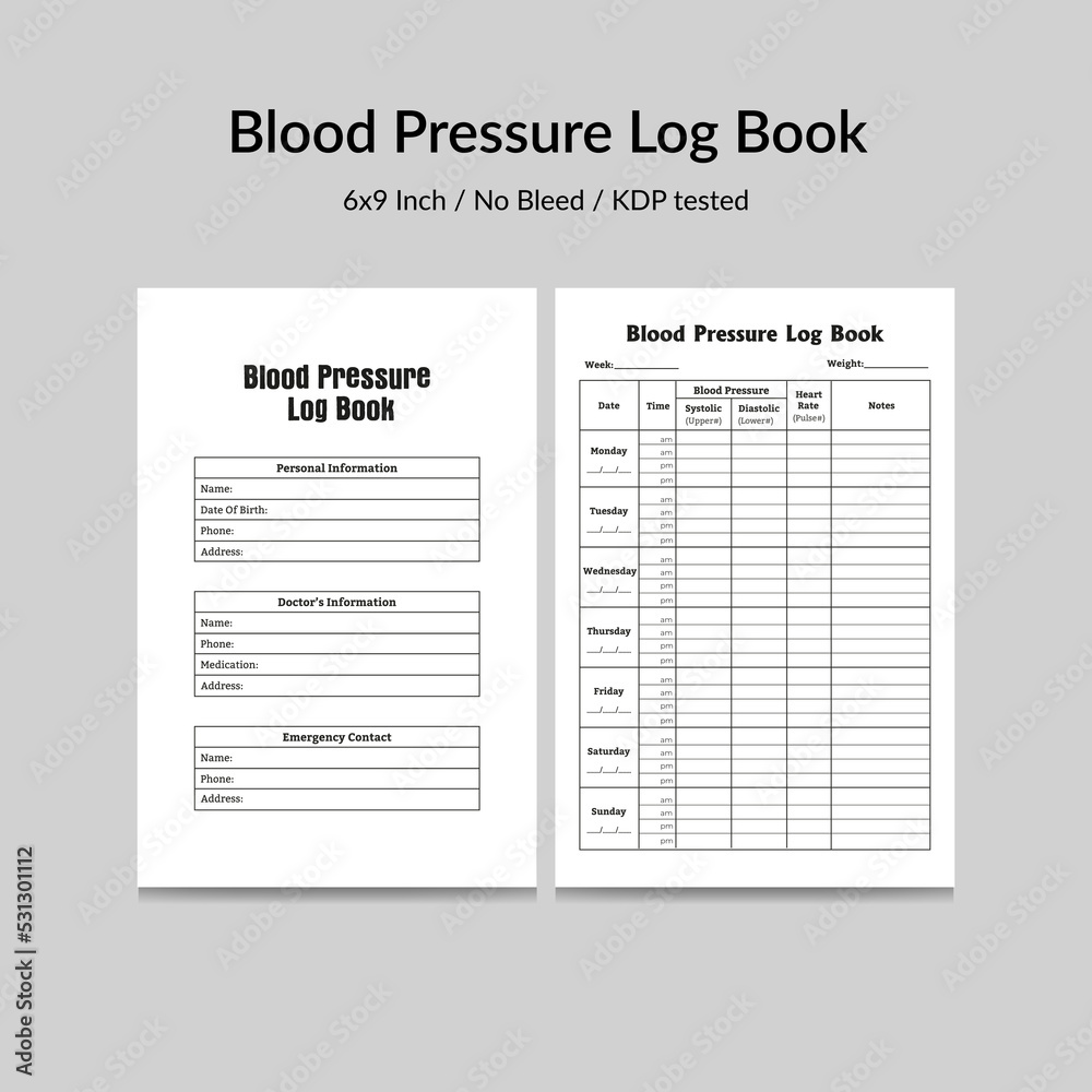 Blood pressure Logbook KDP Interior planner template design Low content ...