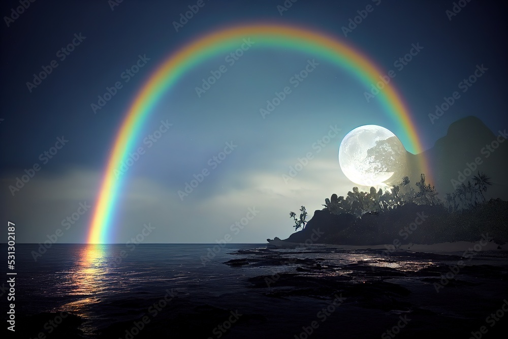 An illustration of a moonbow seen in Hawaii also known as a Lunar Rainbow or Moon Rays. Stock ...
