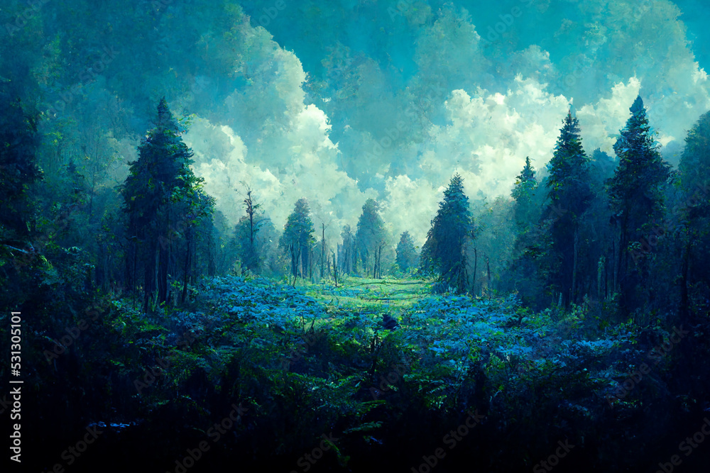 An illustration showing a blue background showing a blue forest Stock ...