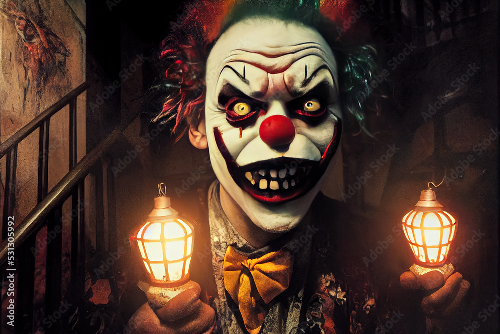 A portrait of an angry crazy clown from a horror film with a lantern on ...