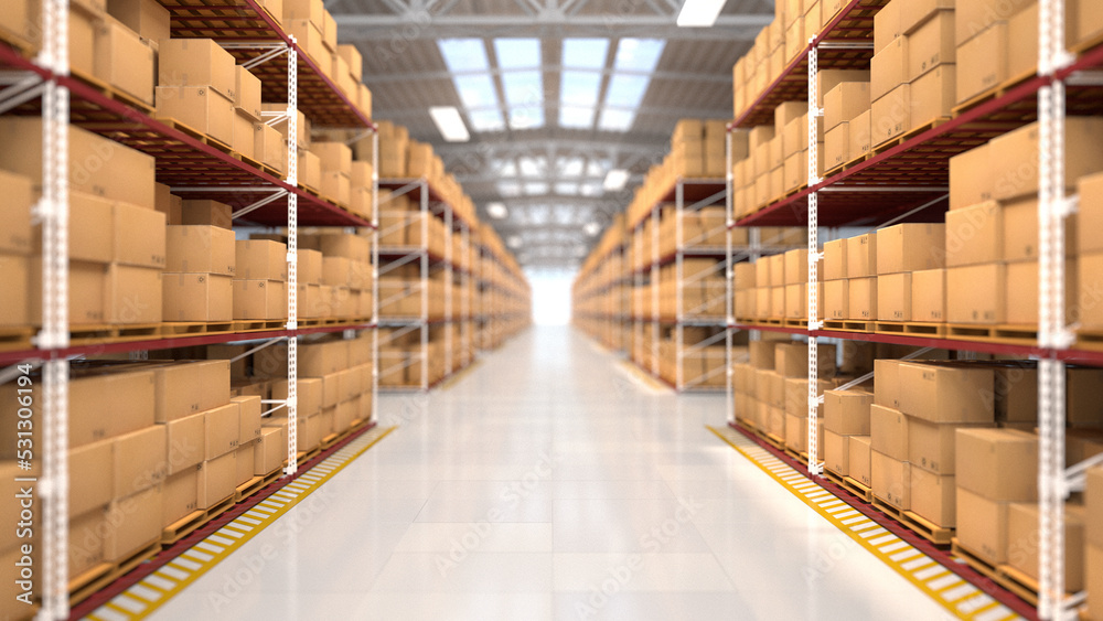 Warehouse hall with boxes and orders. Industrial interior of the hall ...