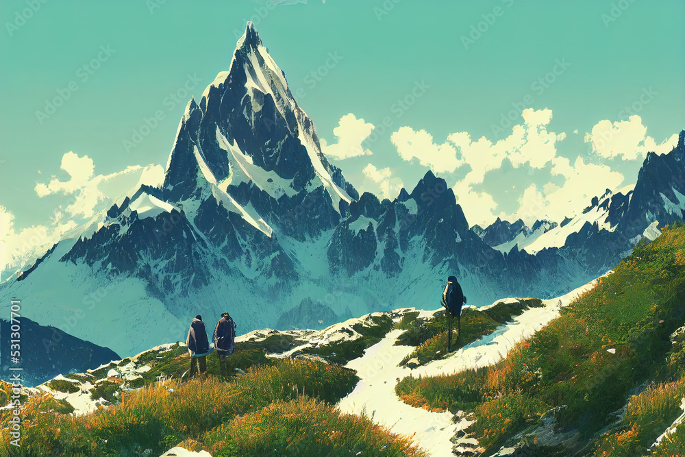 Amazing view on Monte Bianco mountains range with tourist on a ...