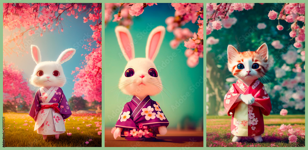 Cute charming rabbit in a kimono under the branches of sakura. Cartoon ...