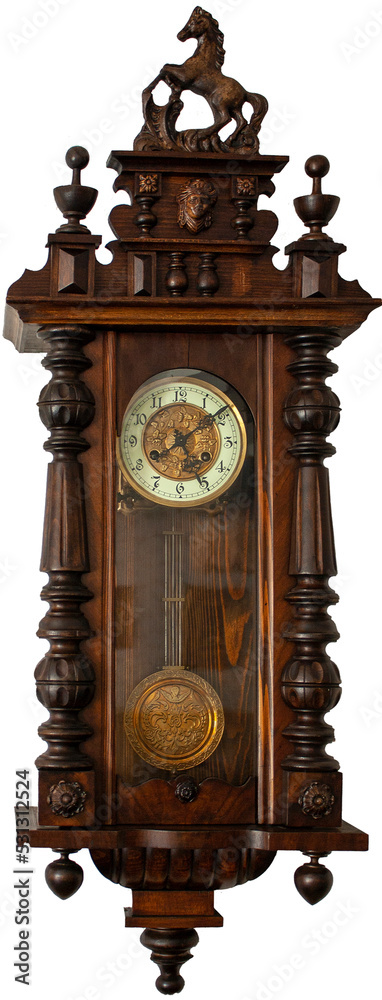 antique wall clock with a pendulum in a mahogany case on a transparent ...
