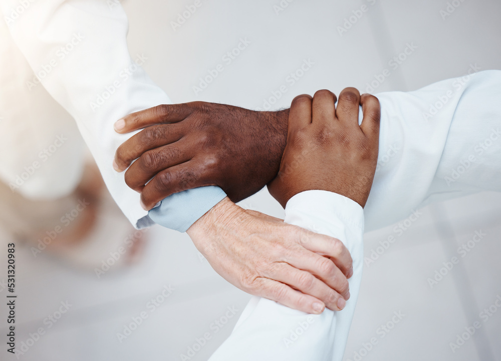 Business collaboration, hands and teamwork support for mission of trust ...