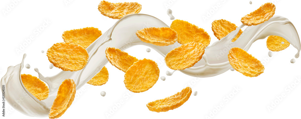 Poster Corn flakes with milk splash isolated – Muurposter | Europosters