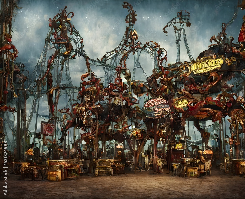 amusement park, monster and horror theme. Horror-themed food booths ...