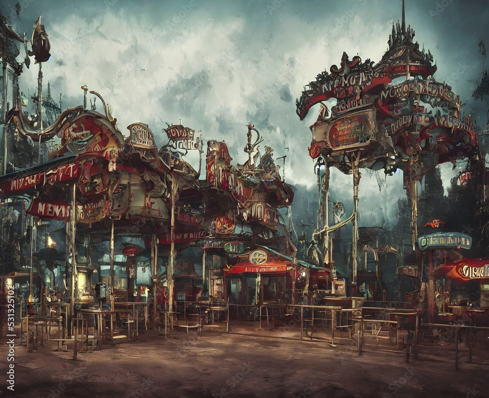 amusement park, monster and horror theme. Horror-themed food booths ...