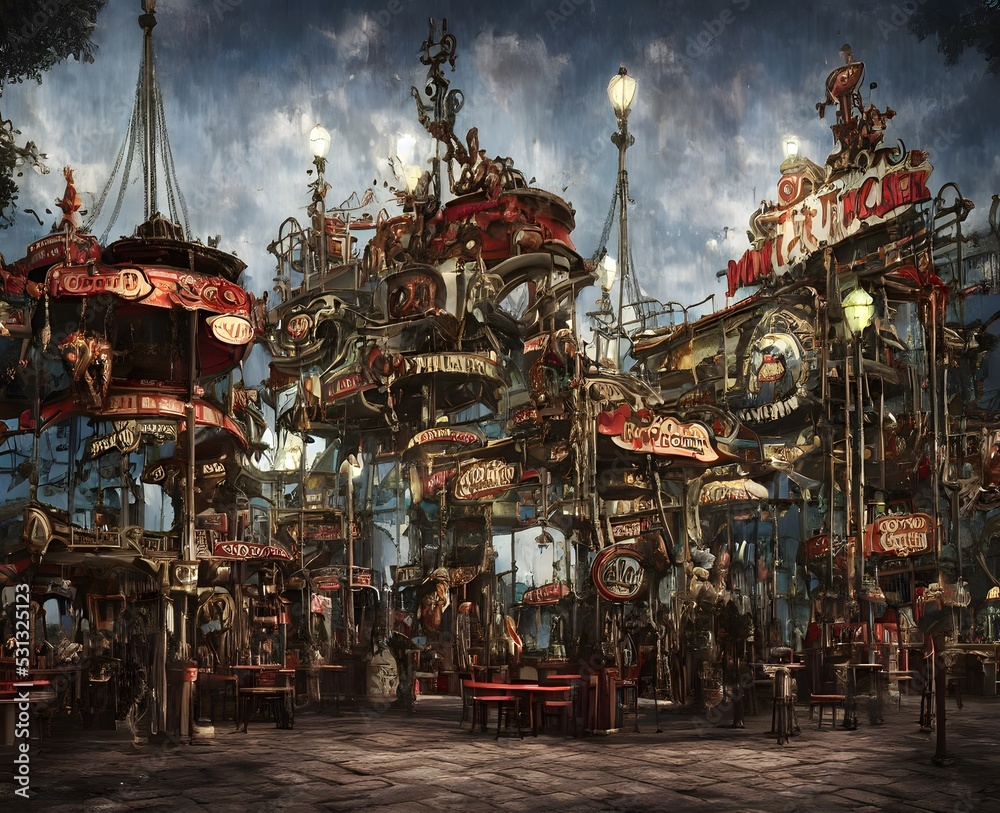 amusement park, monster and horror theme. Horror-themed food booths ...