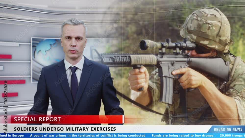 Male news anchor in special report from TV studio talking about the ...