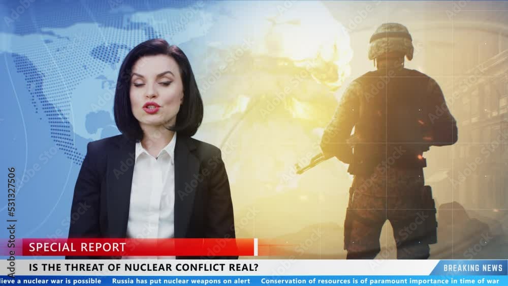 Female TV presenter reporting from television studio on live news ...