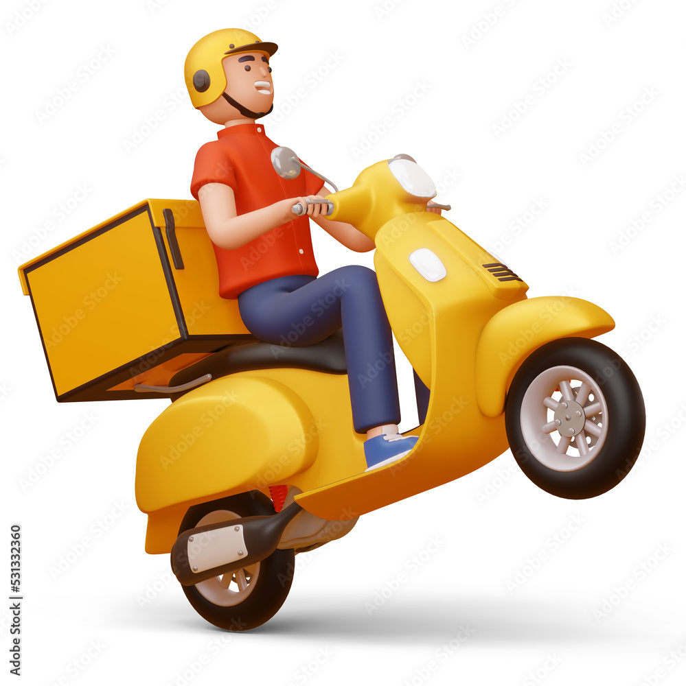 Delivery man riding a motorcycle with delivery box, 3d rendering. Stock ...