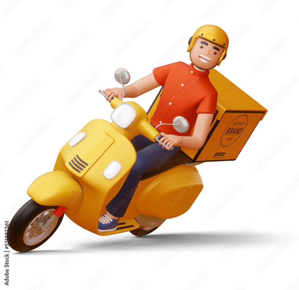 Delivery man riding a motorcycle with delivery box, 3d rendering. Stock ...