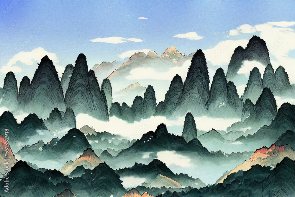 Chinese painting of mountains and rivers Clouds and pines High ...