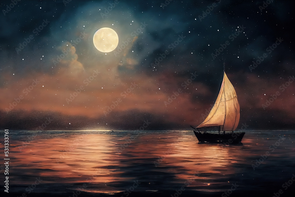 Vintage sailboat in the open sea under the night sky. Big full moon ...