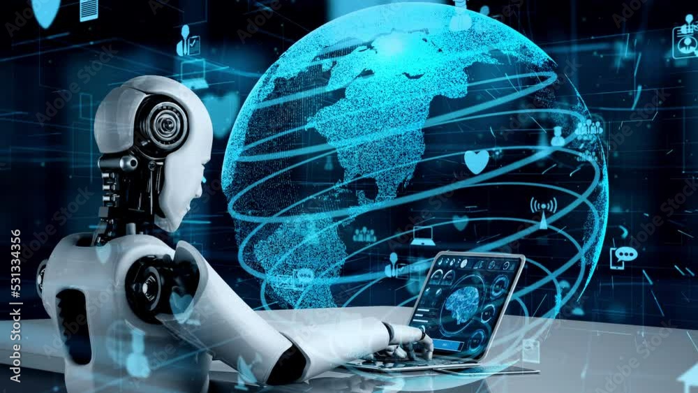 Vidéo Stock Internet connection controlled by AI robot huminoid and ...