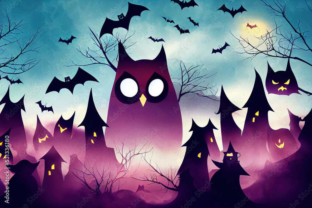Dark magic light in fog Halloween background with bats and owls ,toon ...