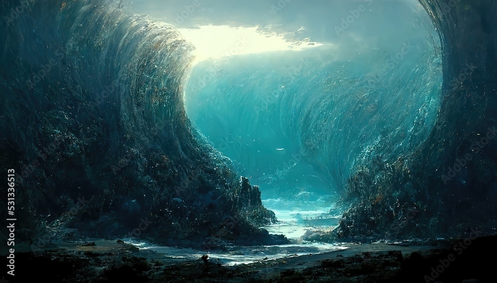 The water parted on the sides and dry land was formed in between. 3D ...