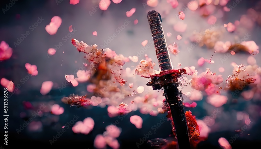 Pink sakura leaves fall down around the samurai sword. 3D rendering ...